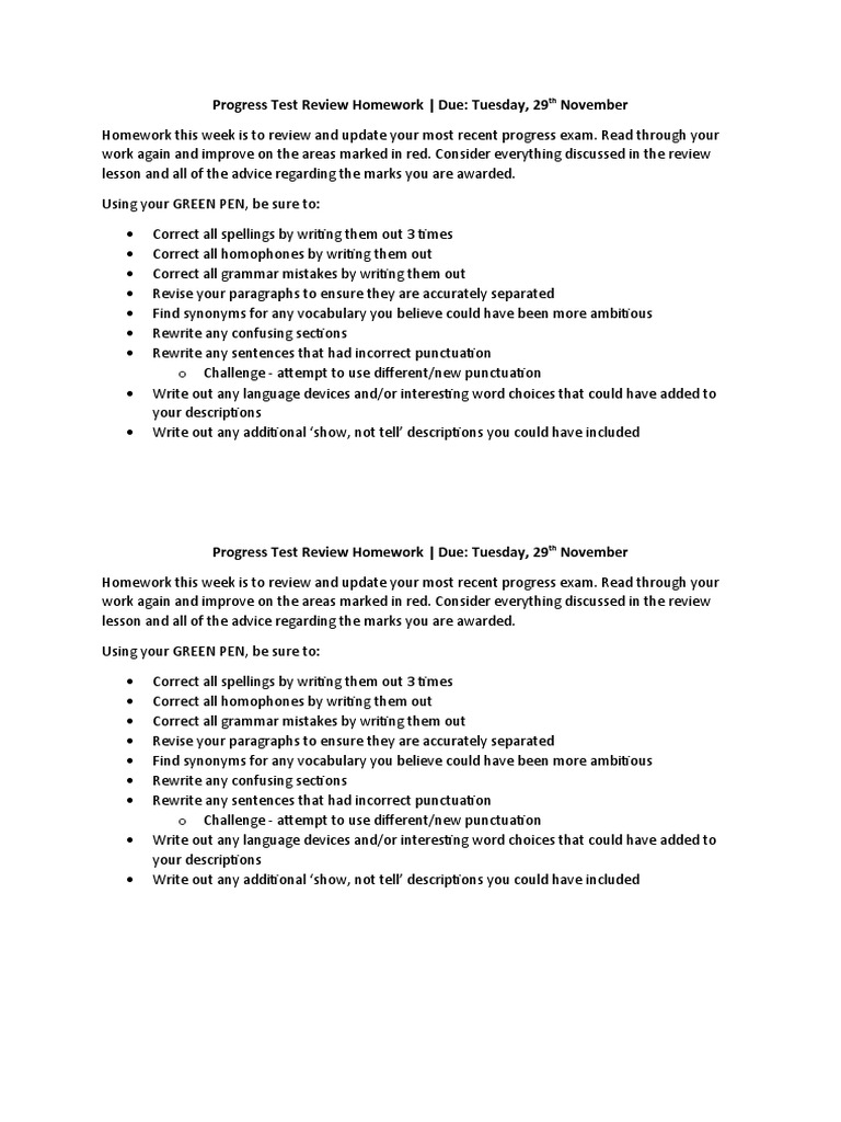 Progress Test Review Homework Guide | PDF