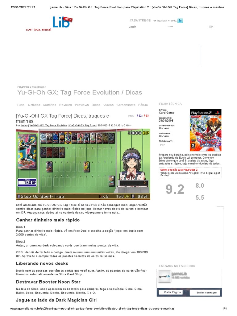 Gamelib - Dica - Yu-Gi-Oh GX - Tag Force Evolution para Playstation 2 - (Yu-Gi-Oh! GX Tag Force ...