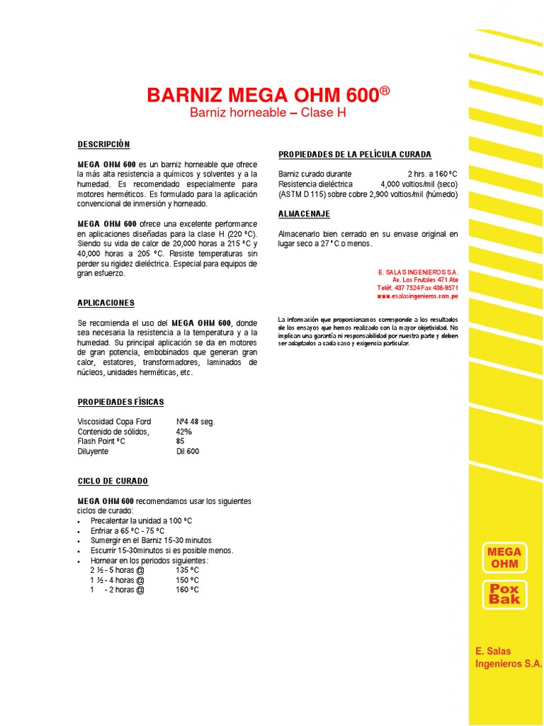 Barniz Mega Ohm 600 e Salas Ingenieros Dielectrico | PDF | Materiales | Cantidades fisicas
