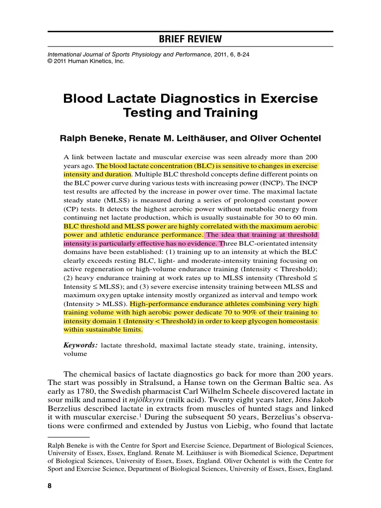 Blood Lactate Diagnostics in Exercise Testing and Training | PDF