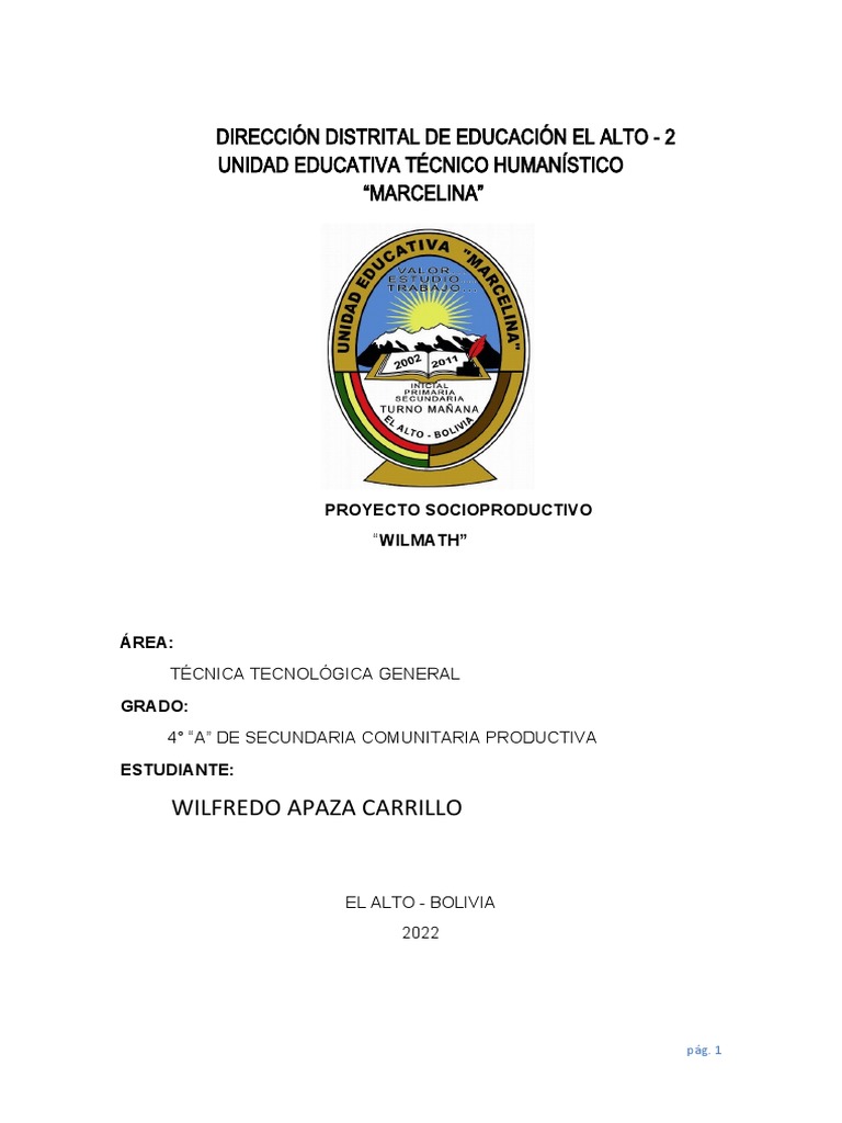 Dirección Distrital de Educación El Alto - 2 Unidad Educativa Técnico Humanístico "Marcelina" | PDF