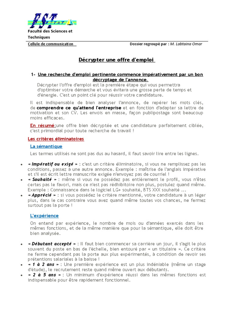 Décrypter Une Offre D Emploi Pdf