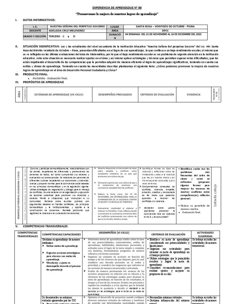 Experiencia de Aprendizaje N°8 DPCC 3° | PDF