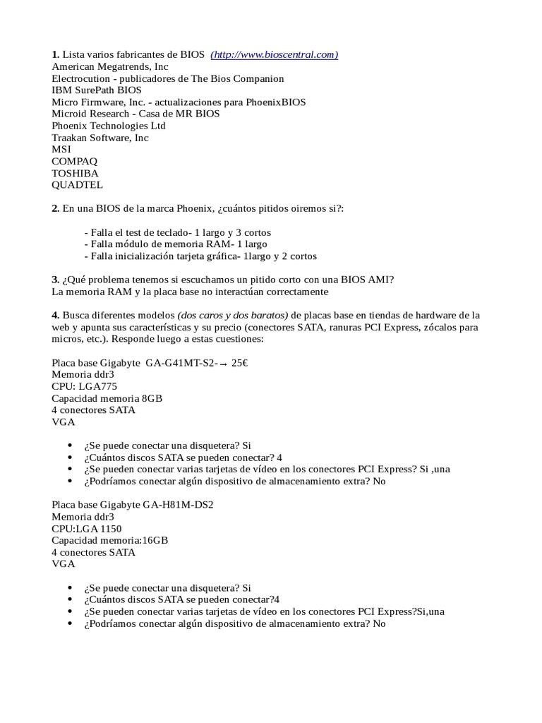 Ejercicios Placa Base | PDF | Bios | USB