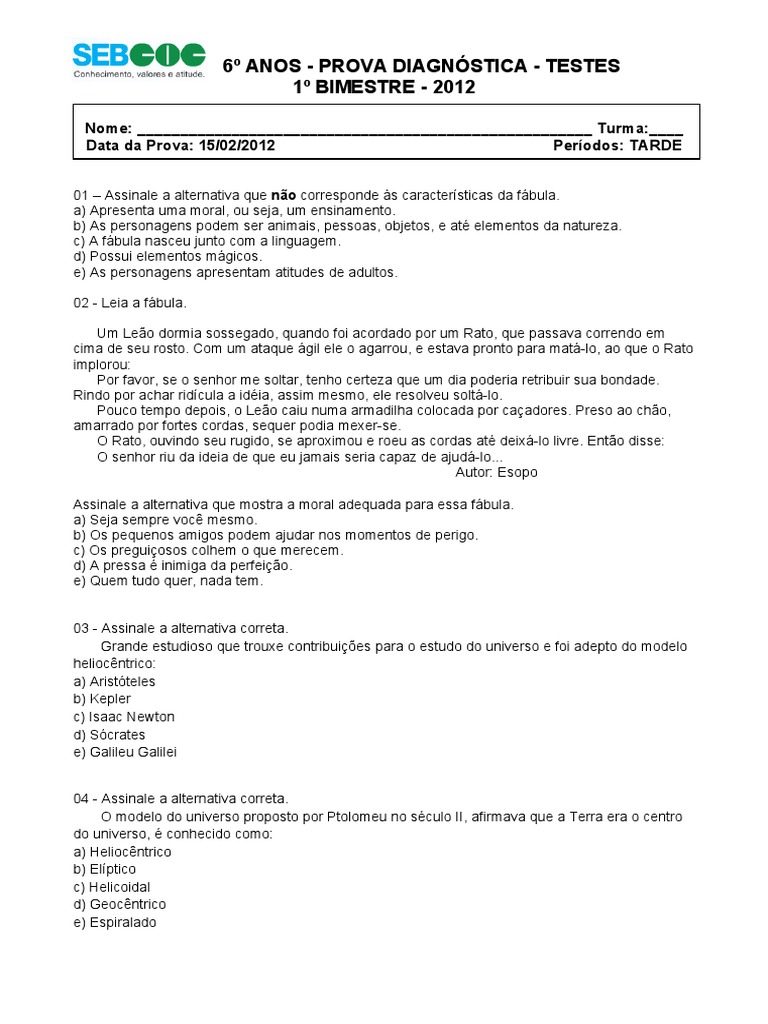 Prova diagnóstica de 6o ano com 10 questões de múltipla escolha | PDF | Science | Conhecimento