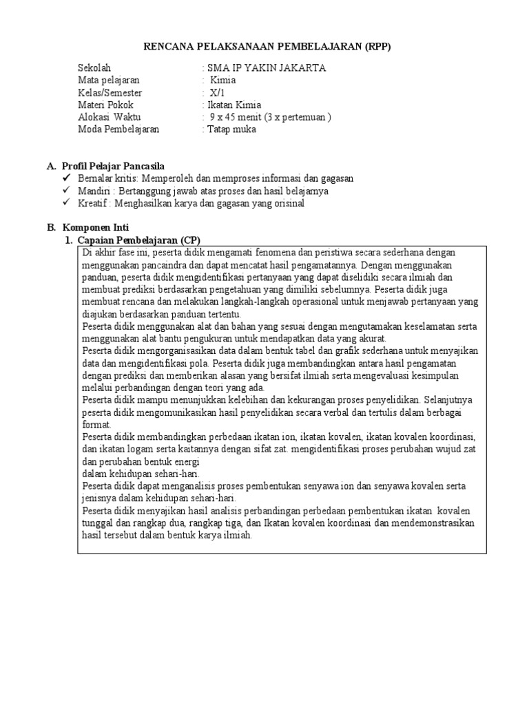 RPP Kimia Kelas X Merdeka Belajar | PDF