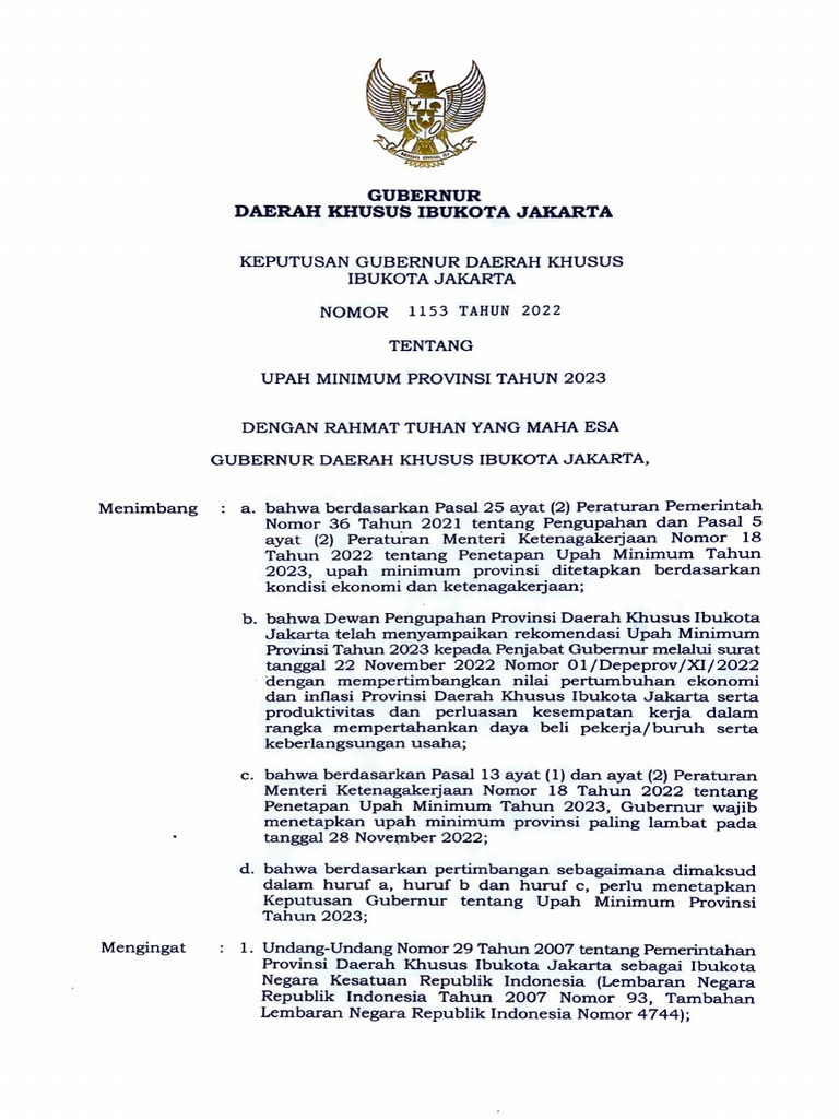Kepgub DKI Jakarta Nomor 1153 Tahun 2022 Tentang Upah Minimum Provinsi ... Kepgub DKI Jakarta Nomor 1153 Tahun 2022 Tentang Upah Minimum Provinsi ...