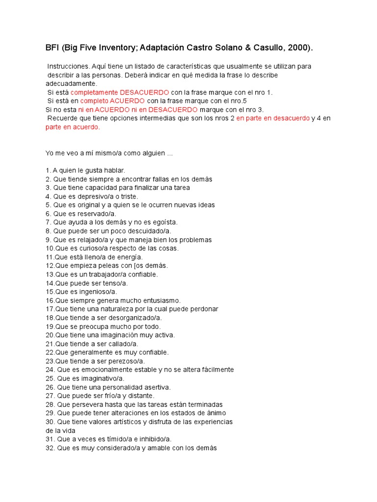 BFI (Big Five Inventory Adaptación Castro Solano & Casullo, 2000) | PDF ...