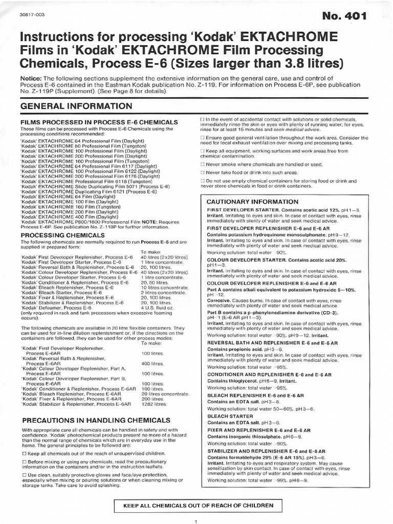 Kodak, Instructions For Processing Kodak Process E-6 | PDF