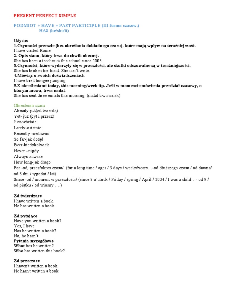 PRESENT PERFECT SIMPLE Teoria I ĆW | PDF