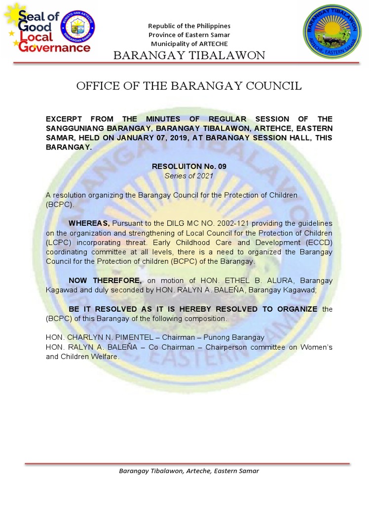 Resolution Organizing the Barangay Council for the Protection of ...