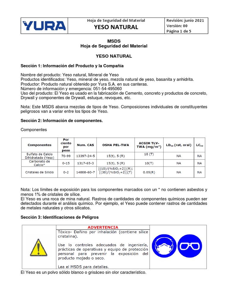 Hoja de Seguridad del Yeso Natural | PDF | Yeso | Toxicidad