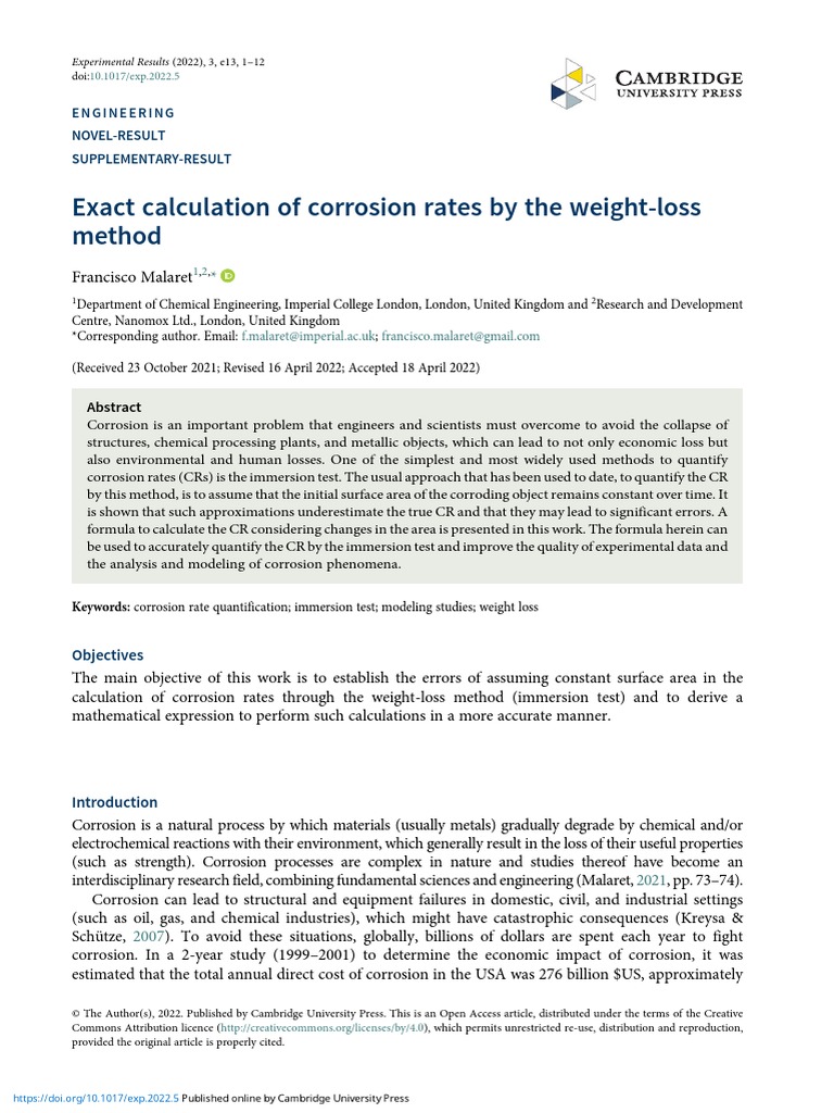 Exact Calculation of Corrosion Rates by The Weight Loss Method | PDF ...