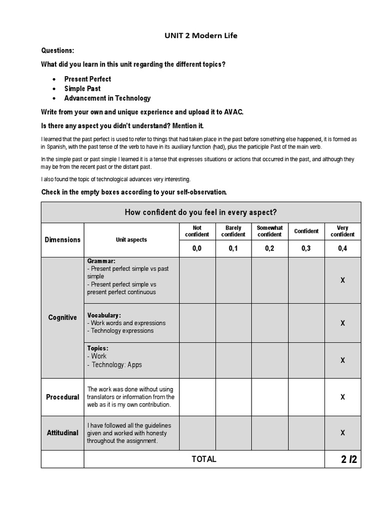 Unit Self-Evaluation Writing UNIT 2 B1 | PDF | Grammatical Tense | Languages