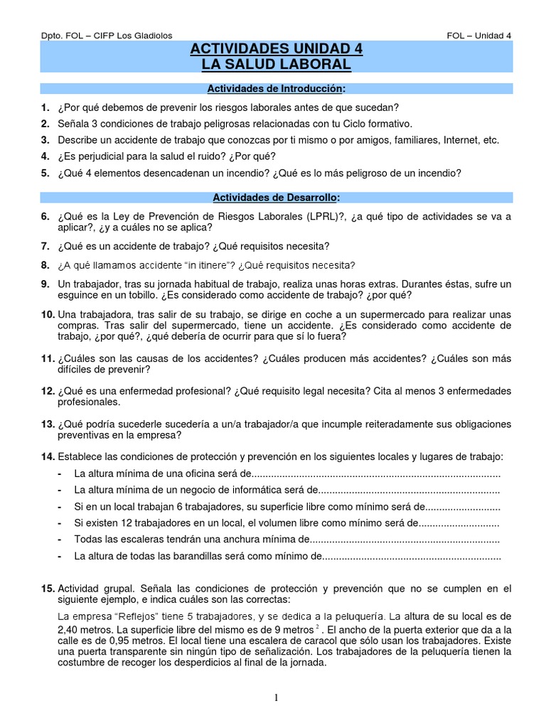 Actividades Unidad 4 - La Salud Laboral | Descargar gratis PDF ...