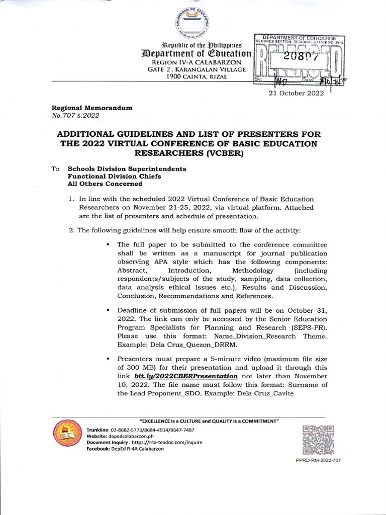 Additional Guidelines and List of Presenters For The 2022 VCBER | PDF