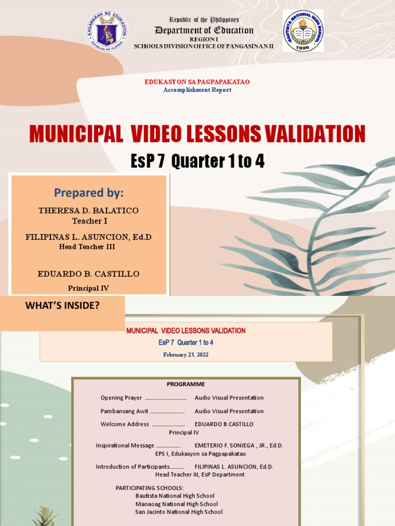 VIDEO LESSONS VALIDATION EsP Dept Accomplishment Report | PDF