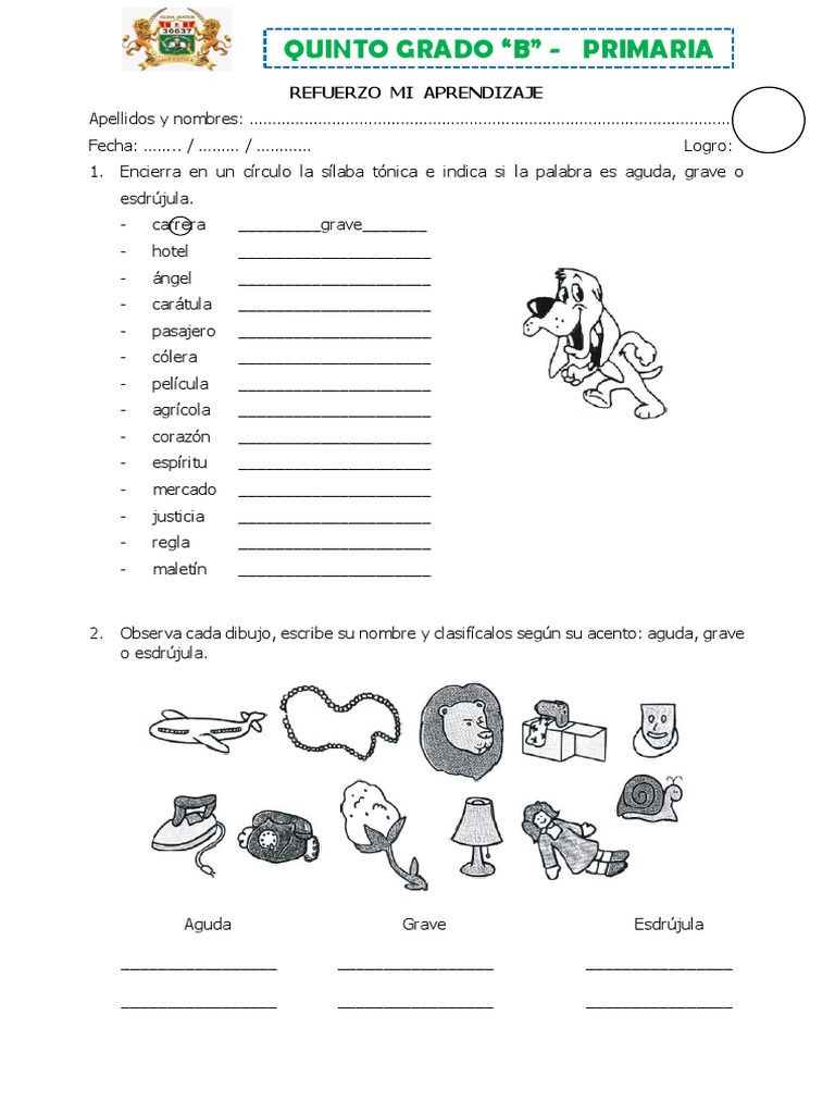 Ficha de Palabras Agudas, Graves y Esdrujulas | PDF | Idiomas | Estudios de idiomas extranjeros