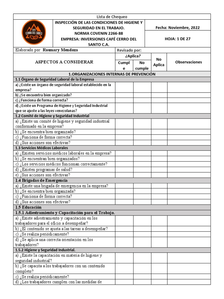 Checklist inspección higiene y seguridad trabajo | PDF | Seguridad y salud ocupacional