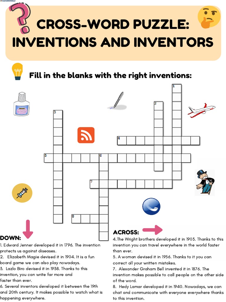Cross-Word Puzzle: Inventions and Inventors: Fill in The Blanks With ...