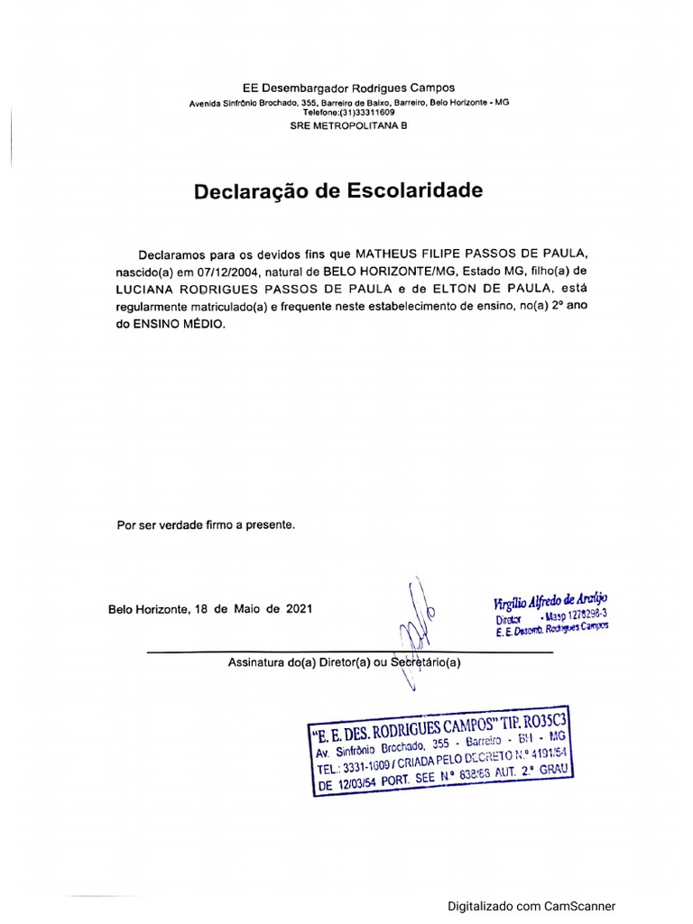 Declaração de Escolaridade | PDF