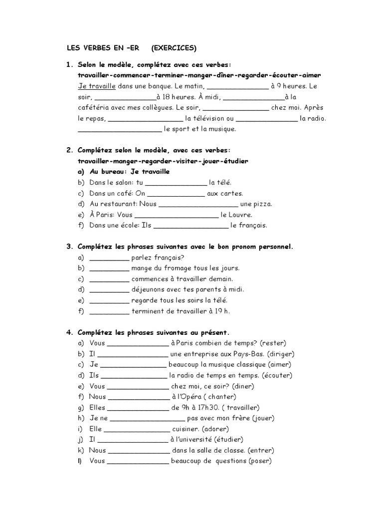 Verbes en - ER (Exercices) 2 | PDF