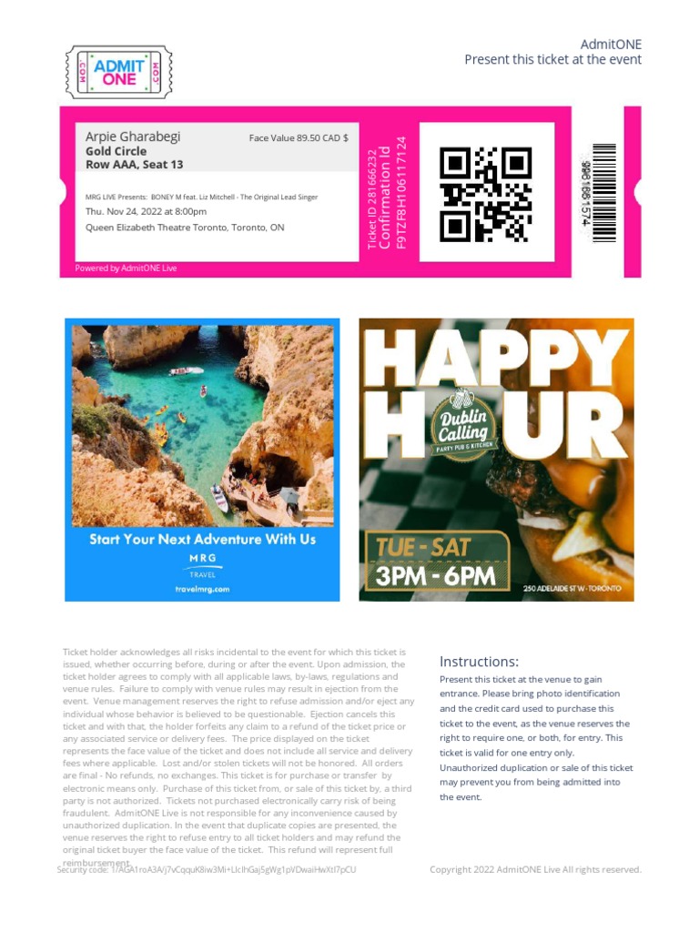 Boney M Queen Elizabeth Theatre Nov 24th 2022 Row AAA Seat(s) - 13-14 & BBB Seat(s) - 27-28 ...