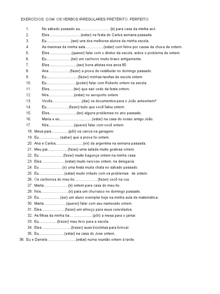 Exercícios Com Os Verbos Irregulares Pretérito Perfeito | PDF