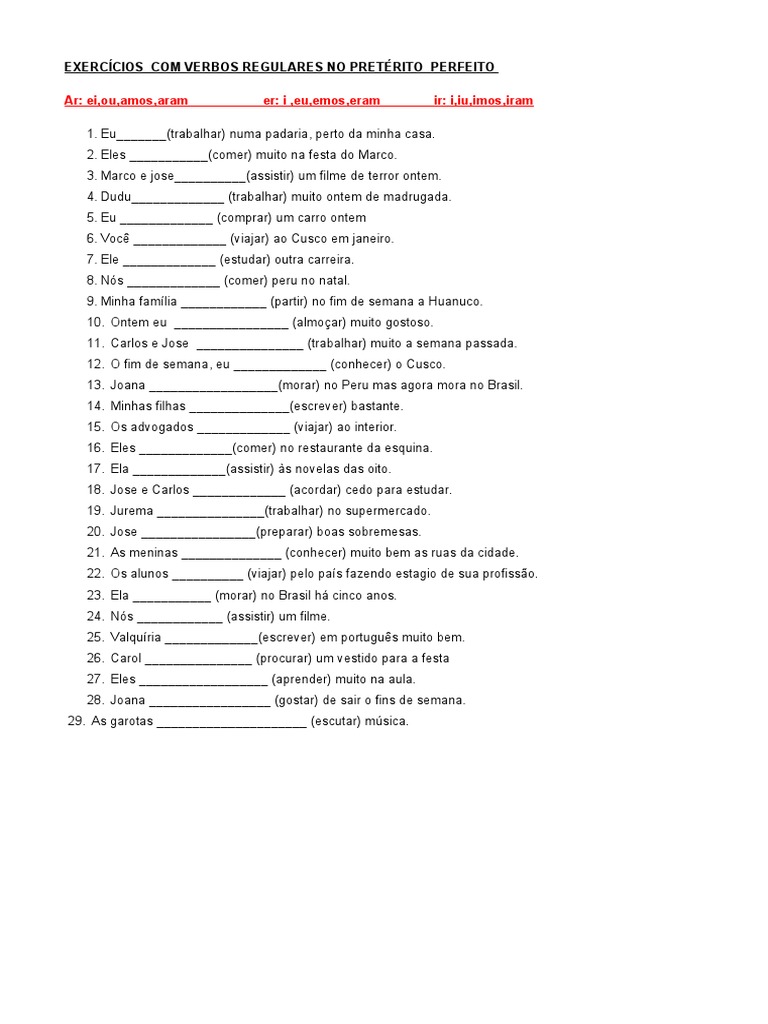 Exercicios Com Verbos Regulares No Preterito Perfeito | PDF | Artes ...