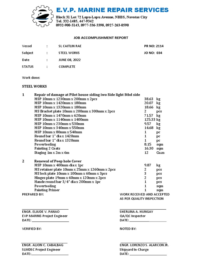 SL CAITLIN RAE - JAR - JO No. 0000 PR No. 0000 - STEEL WORKS Pilot ...