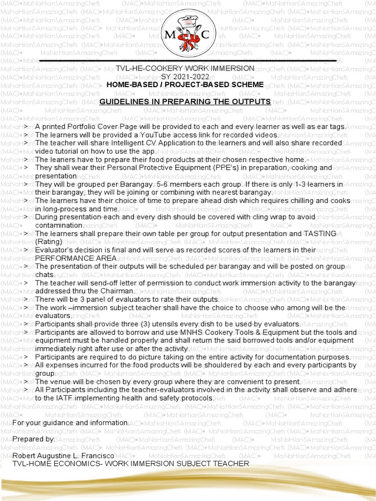 Guidelines in Preparing The Outputs (TVL-COK - Work Immersion) | PDF Guidelines in Preparing The Outputs (TVL-COK - Work Immersion) | PDF