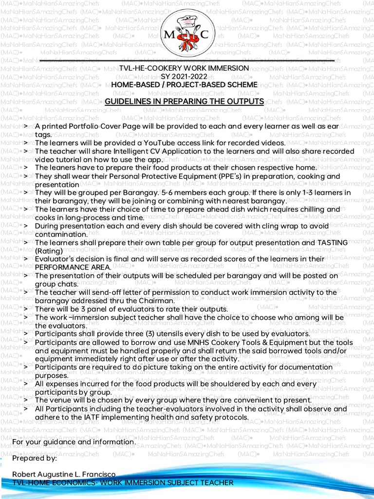 Guidelines in Preparing The Outputs (TVL-COK - Work Immersion) | PDF Guidelines in Preparing The Outputs (TVL-COK - Work Immersion) | PDF