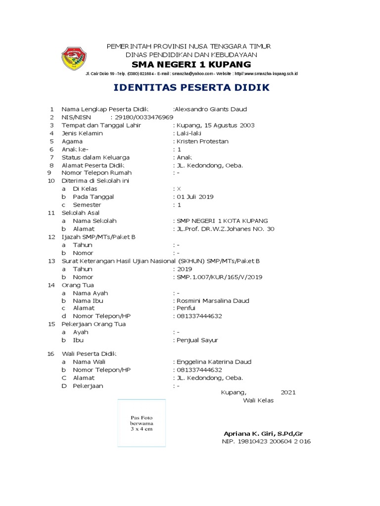 Biodata Kelas Xii Ips 1-2021 | PDF