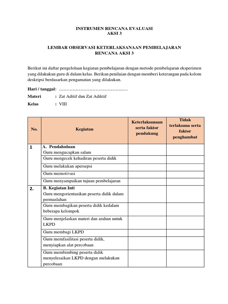 INSTRUMEN RENCANA EVALUASI PPL Aksi 3 | PDF