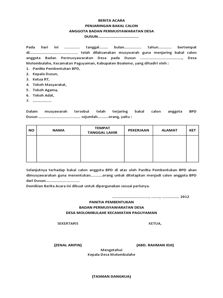 Berita Acara Penjaringan BPD | PDF