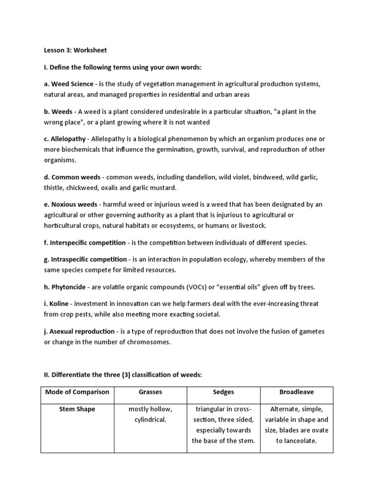 Lesson 3 Worksheet: Weed Science Terms and Classifications | PDF | Weed ...