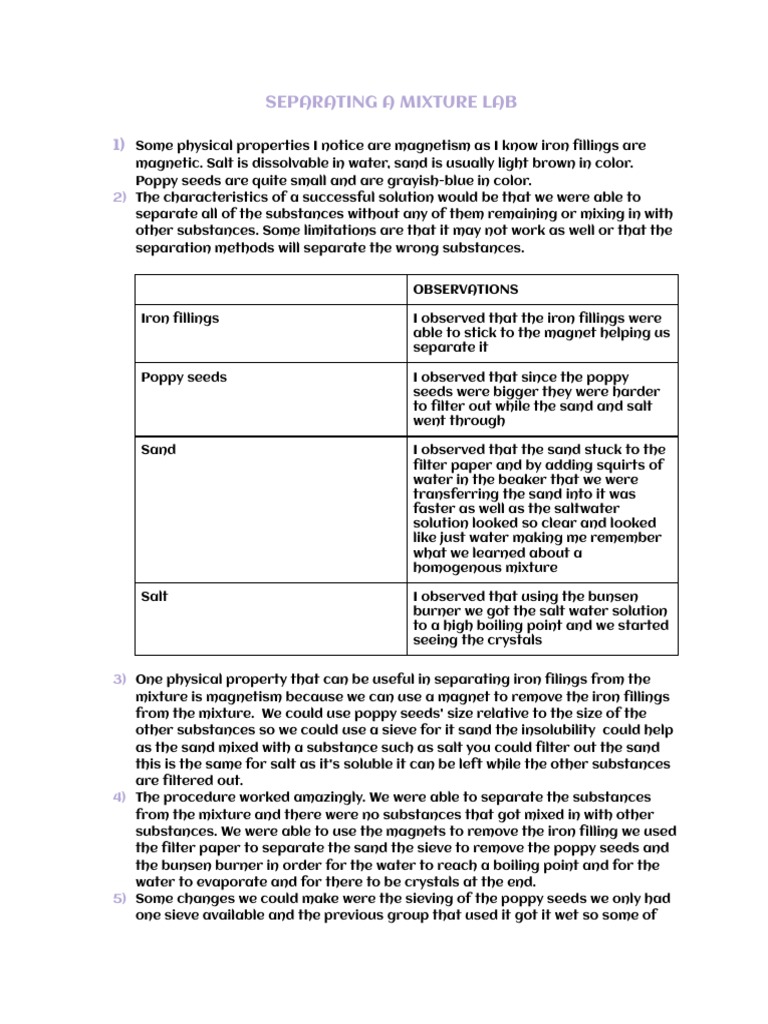 Student - Separating A Mixture Lab | PDF