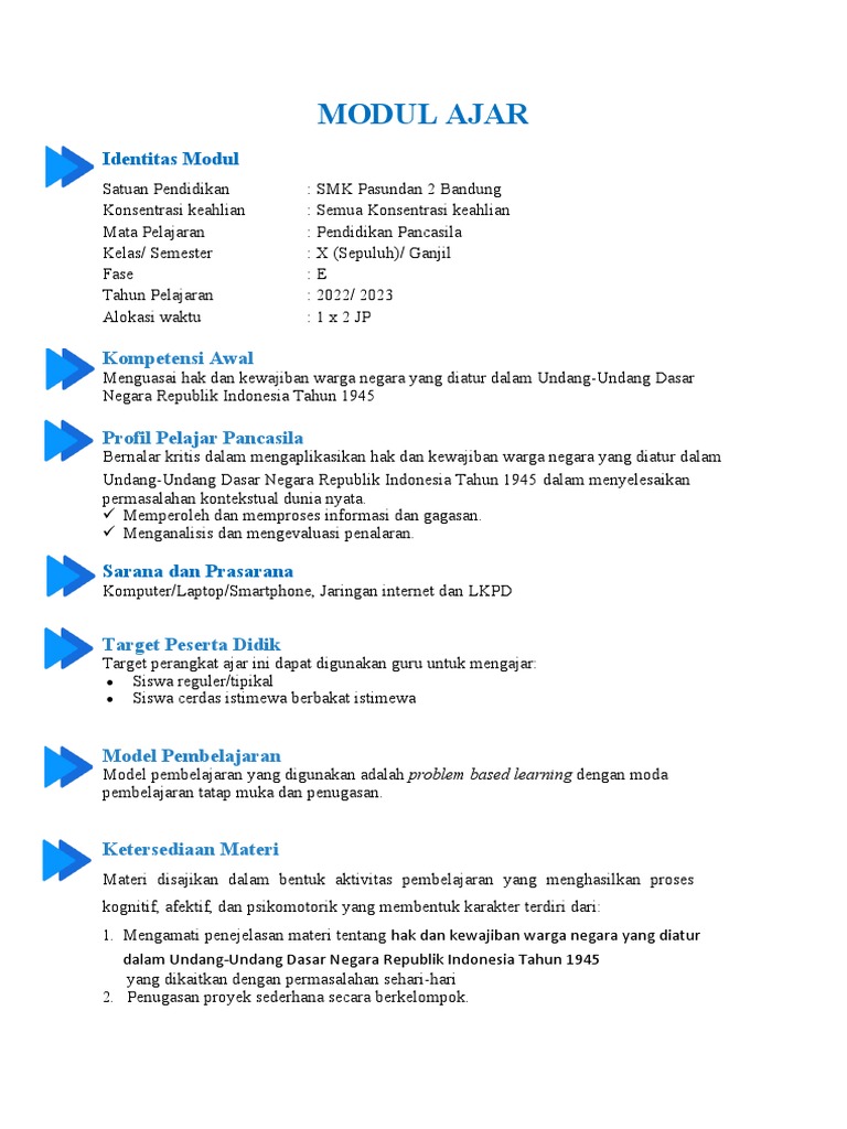 MODUL AJAR PKN Fase E (Supin) | PDF