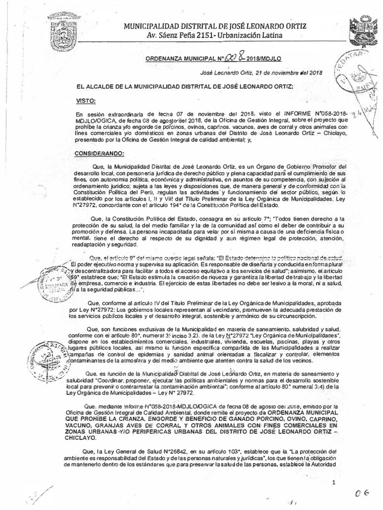 Ordenanza 008-2018 Prohibicion de Crianza de Animales | PDF | Multa (pena) | Ganado