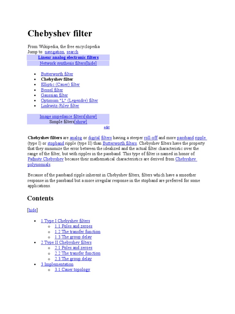 Chebyshev Filter Linear Analog Electronic Filters Pdf Electronics Algorithms