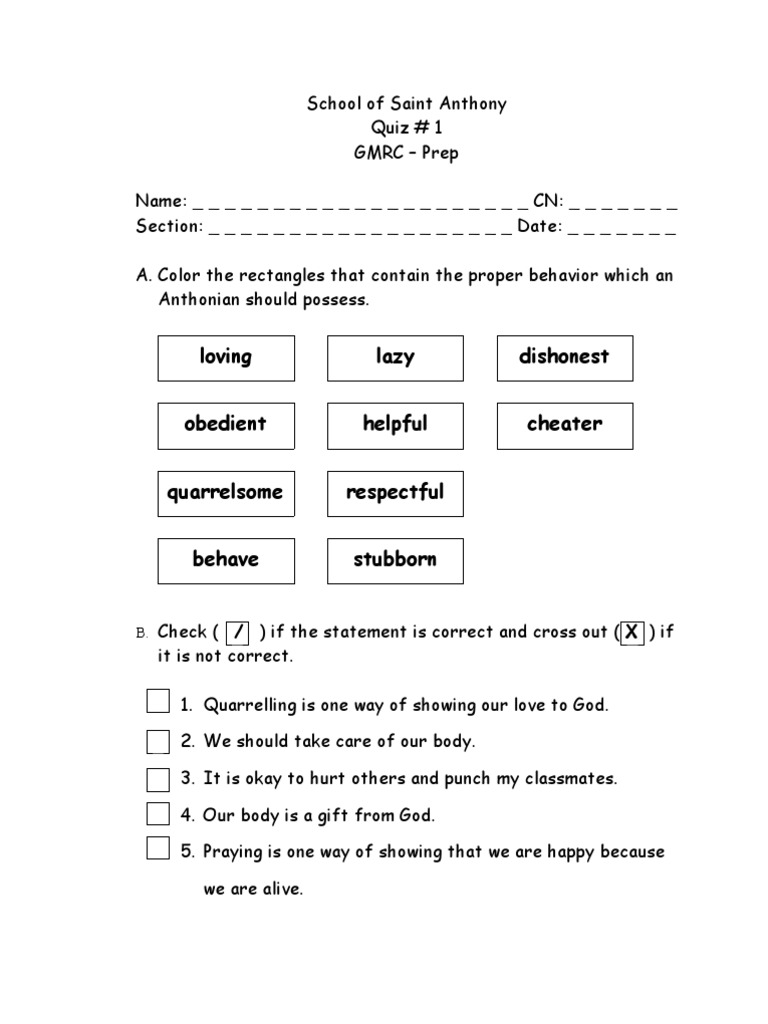 GMRC Quiz for Grade 1 Students | PDF