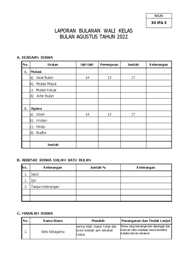 Laporan Bulanan Wali Kelas | PDF