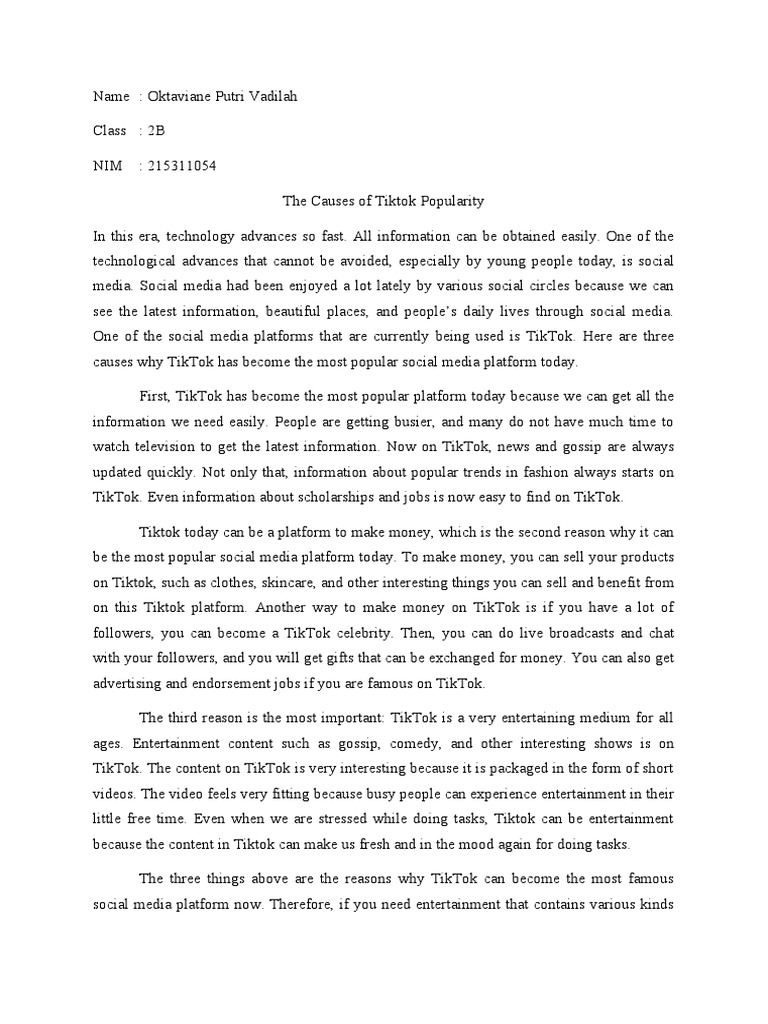 Oktaviane Putri Vadilah - 2B - 215311054 - Causes Essay About Tiktok ...