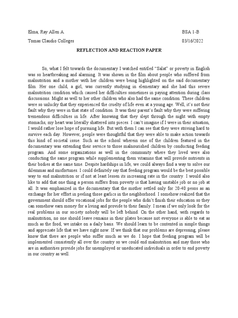 Elma Ray Allen A - NSTP - Reflection and Reaction Paper (Salat) | PDF