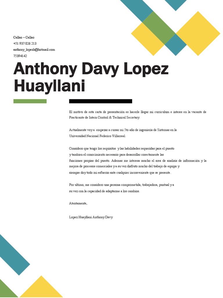 Carta de Presentación - Lopez Huayllani Anthony Davy | PDF