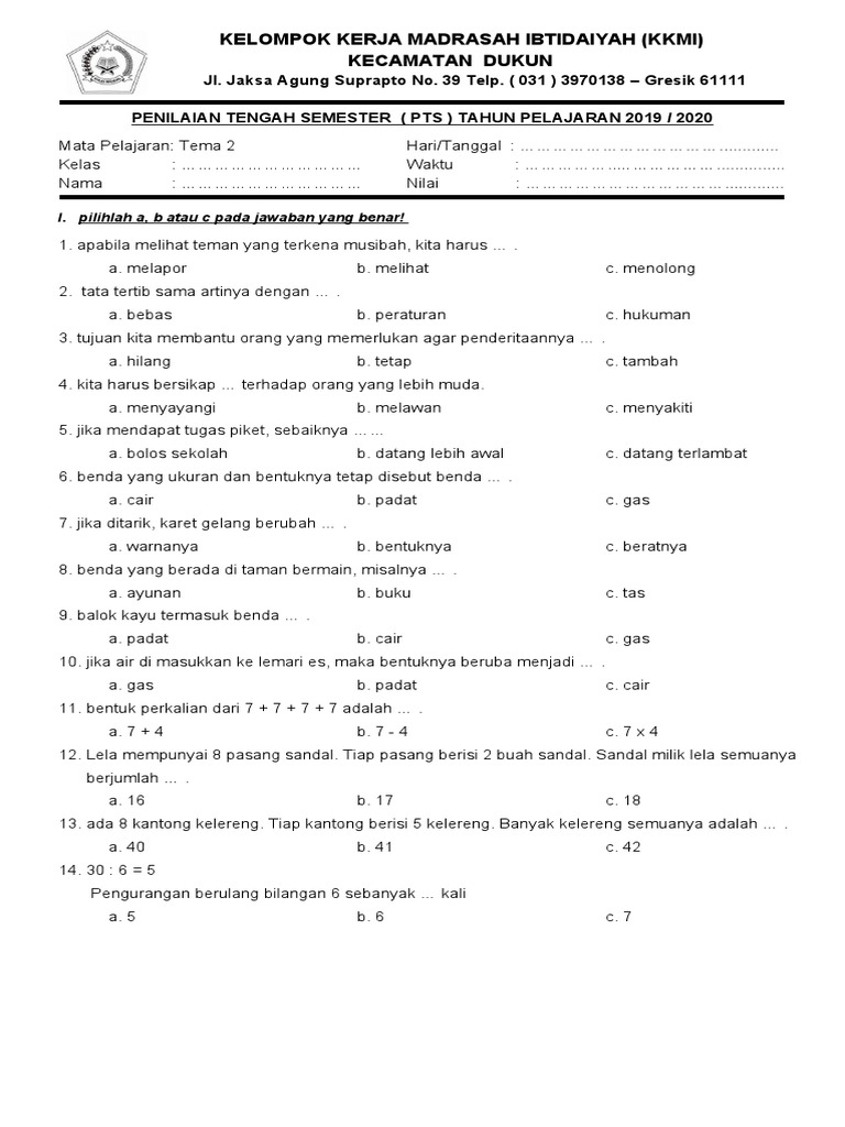 Kop Soal PTS TP. 2019 - 2020 Tema 2 Kelas 2 | PDF
