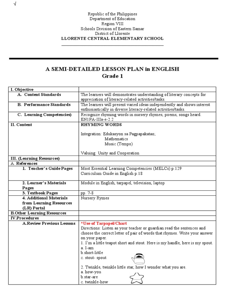 Cot Lesson Plan English 1 | PDF | Learning | Rhyme