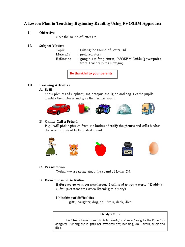 A Lesson Plan in Teaching Beginning Reading Using PVOSBM Approach | Download Free PDF | Lesson ...