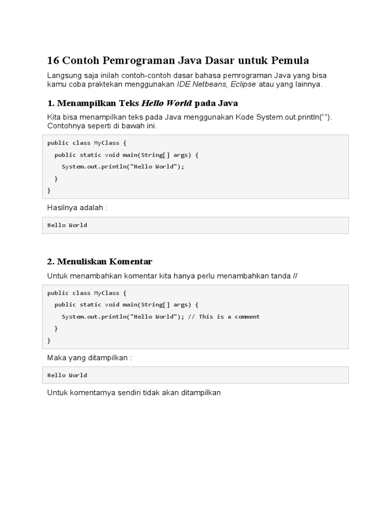 16 Contoh Pemrograman Java Dasar Untuk Pemula Kelas 10 | PDF