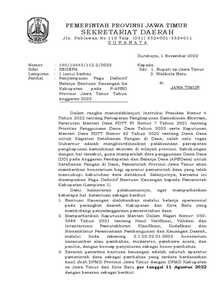 Surat Sekda Pagu Definitif BK Kab - Honorarium Aparatur Desa. - Share | PDF